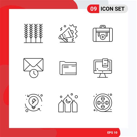 Group Of 9 Modern Outlines Set For Computer Folder Camping Time History Editable Vector Design