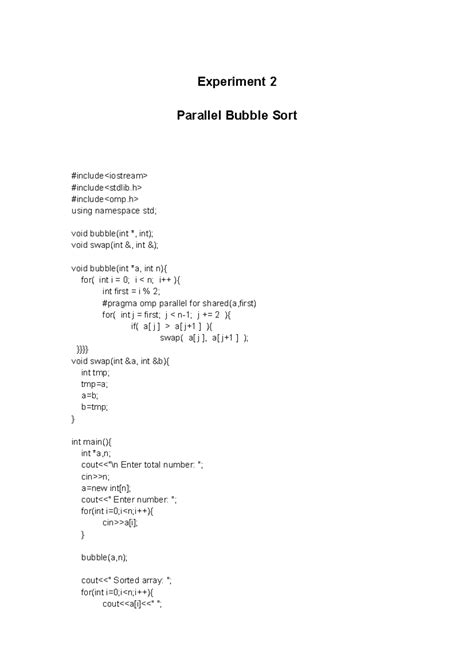 Hpc 2 Experiment 2 Parallel Bubble Sort Include Include Studocu