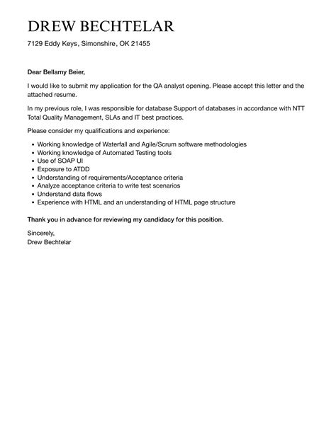 QA Analyst Cover Letter Velvet Jobs