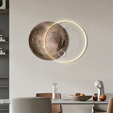 Round Modern Cool Brown Moon Large Wall Clock Led Light Wall Clock Wall