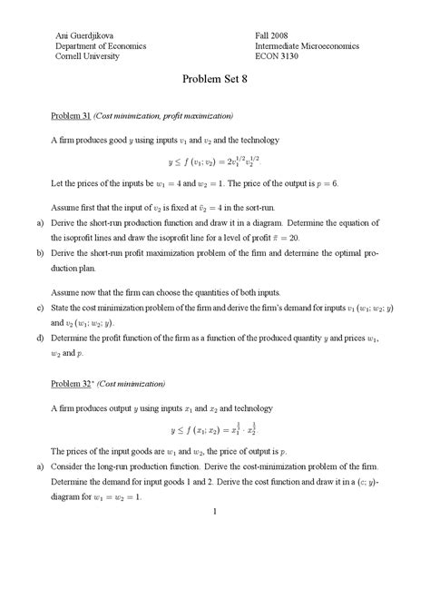 Problem Set 8 On Intermediate Microeconomic Theory Econ 3130 Docsity