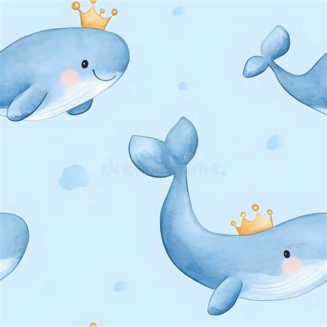 Seamless Pattern Of Cute Blue Whales Wearing Golden Crowns With Soft Watercolor Details On A