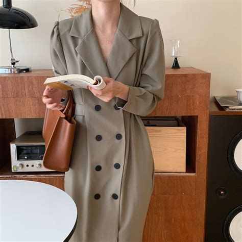 2021 겨울 새로운 복고풍 정장 칼라 드레스 기질 허리 포옹 슬리밍 더블 브레스트 롱 드레스 여성 Aliexpress