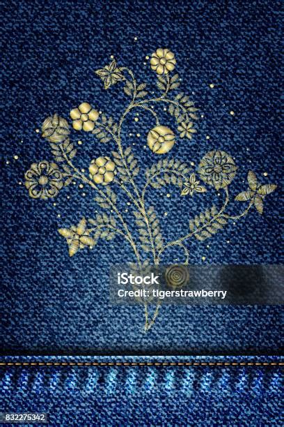 자 수 골드 추세 꽃 부케와 소녀 데님 텍스처 패치 청바지 드레스를 바느질 파란 배경에 황금 꽃 준비와 현대 전통 민속 복장