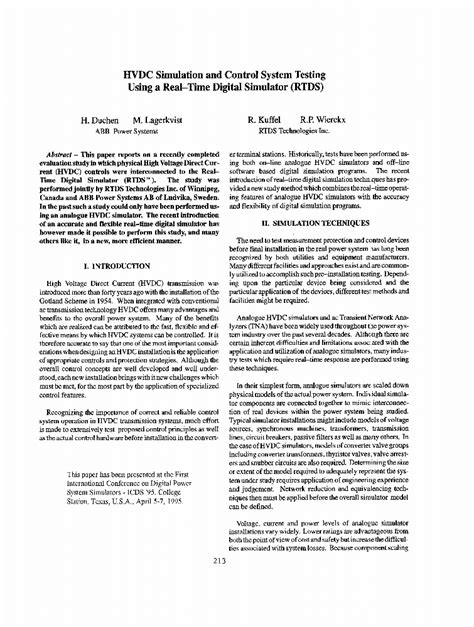 Hvdc Simulation And Control System Testing Using A Real Time Digital Simulator Rtds Ieee