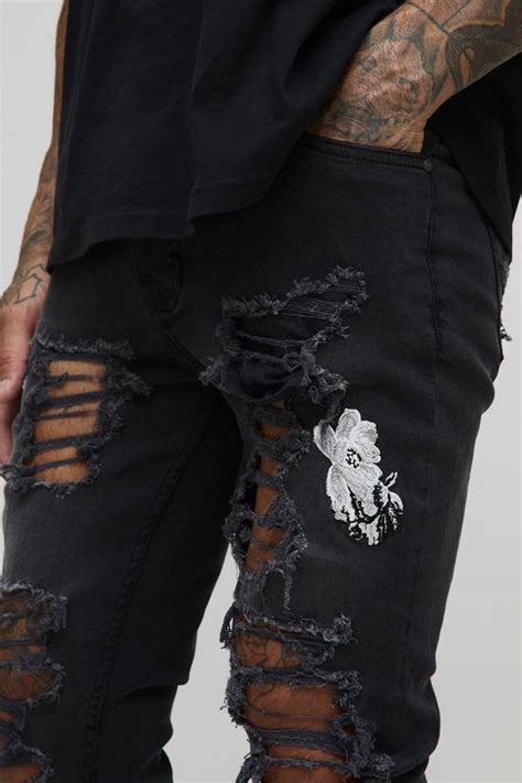 Washed Black Tall Floral Embroidered Ripped Skinny Jeans Boohooman Usa