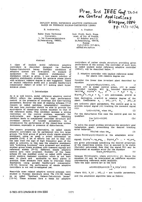 PDF Implicit Model Reference Adaptive Controller Based On Feedback Kalman Yakubovich Lemma