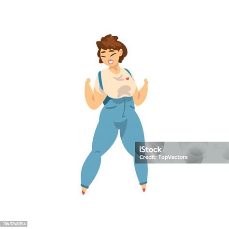통 통 매력적인 여성과 체중 여자 착용 청바지 플러스 사이즈 모델 유행 옷 바디는 흰색 바탕에 긍정적인 벡터 일러스트 레이 션 여자에 대한 스톡 벡터 아트 및 기타 이미지