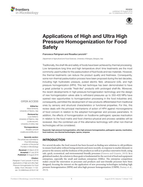 Pdf Applications Of High And Ultra High Pressure Homogenization For Food Safety