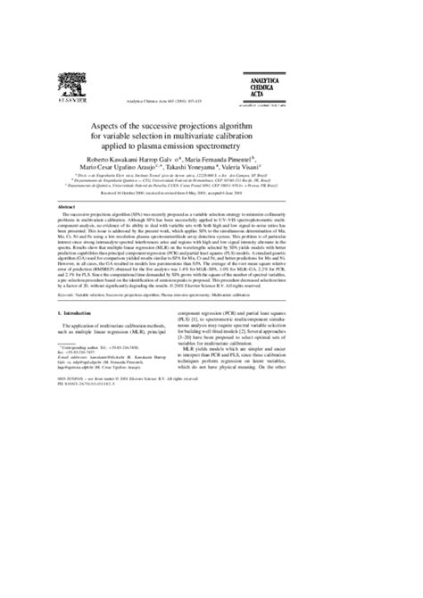 Pdf Aspects Of The Successive Projections Algorithm For Variable