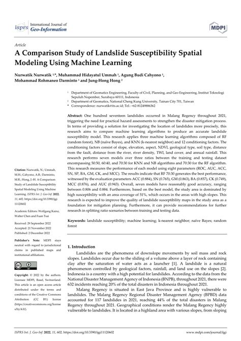 PDF A Comparison Study Of Landslide Susceptibility Spatial Modeling Using Machine Learning