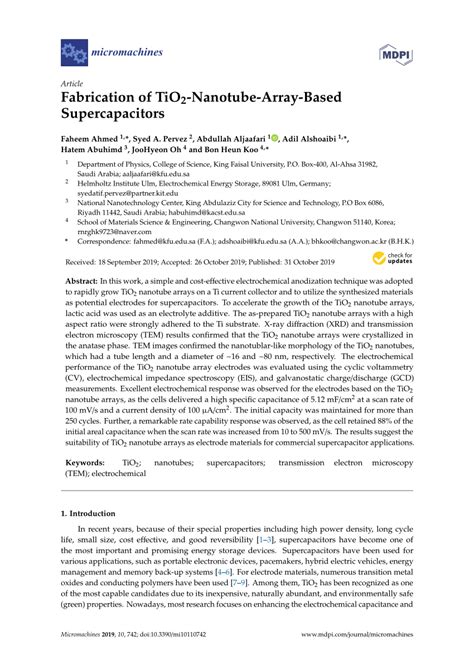 Pdf Fabrication Of Tio2 Nanotube Array Based Supercapacitors