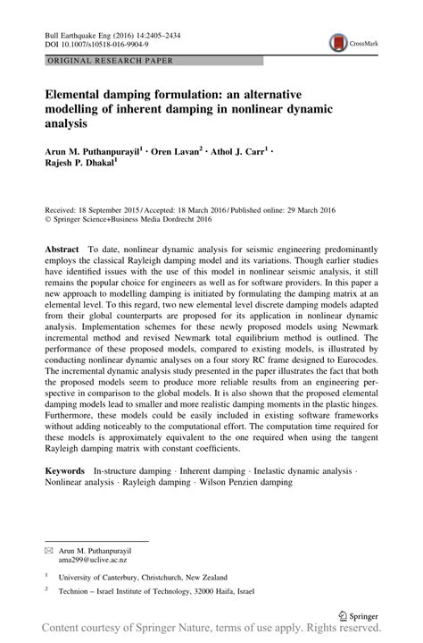 Elemental Damping Formulation An Alternative Modelling Of Inherent Damping In Nonlinear Dynamic