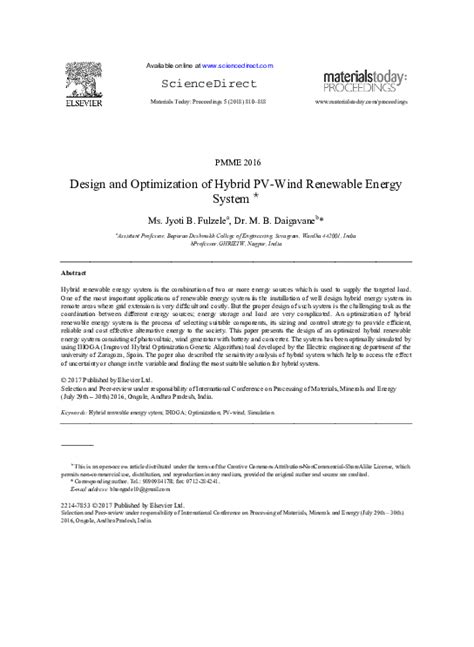 Pdf Design And Optimization Of Hybrid Pv Wind Renewable Energy System