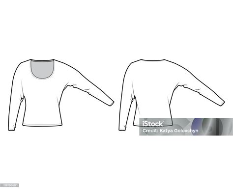 롱 돌만 슬리브 테크니컬 패션 일러스트와 허리 길이 라운드 네크라인 플랫 0명에 대한 스톡 벡터 아트 및 기타 이미지 0명