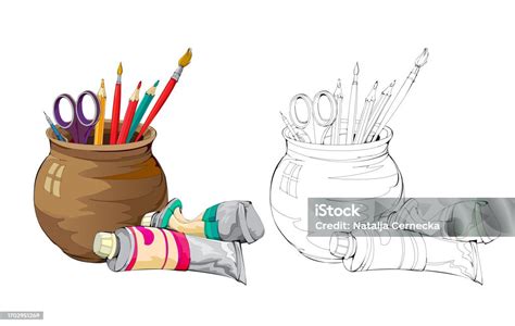 예술가 도구 및 페인트 튜브가 있는 정물 색칠을 위한 화려하고 흑백 템플릿입니다 어린이와 성인을 위한 색칠하기 책 플랫 만화