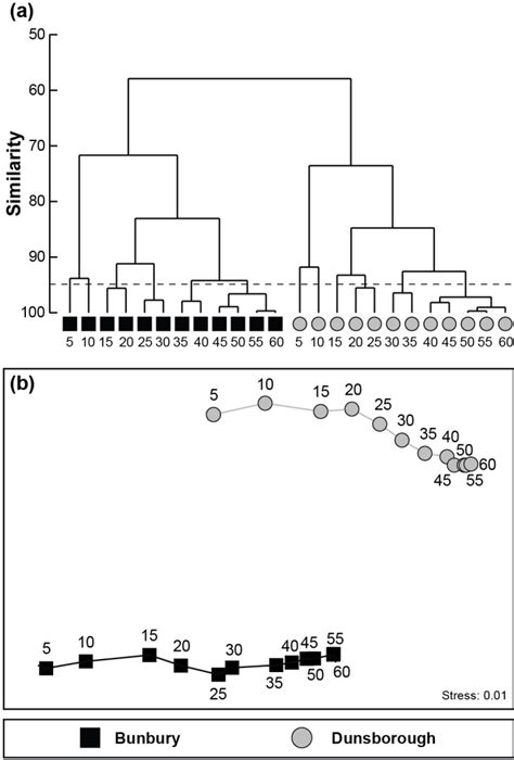 cluster dendrogram a and nmds ordination plot b derived from a
