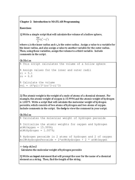 Chapter 2 Introduction To Matlab Programming Exercises Pdf Function Mathematics Flow