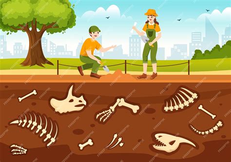 Premium Vector Fossil Illustration With Archaeologists Finds Dinosaur
