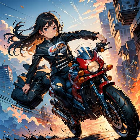 Anime Girl Riding A Motorcycle In A City With A Fire In The Background