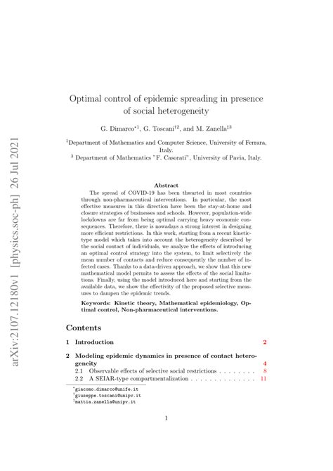 Pdf Optimal Control Of Epidemic Spreading In Presence Of Social Heterogeneity