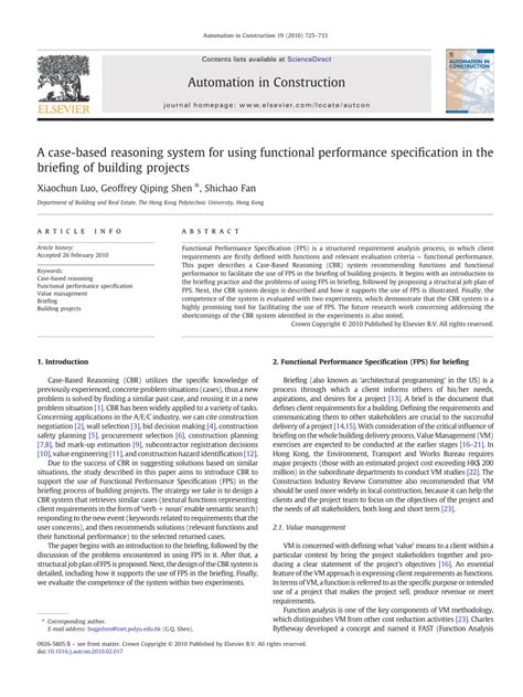 Pdf A Case Based Reasoning System For Using Functional Performance Specification In The