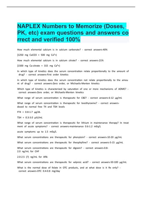 Naplex Numbers To Memorize Doses Pk Etc Exam Questions And Answers Correct And Verified 100