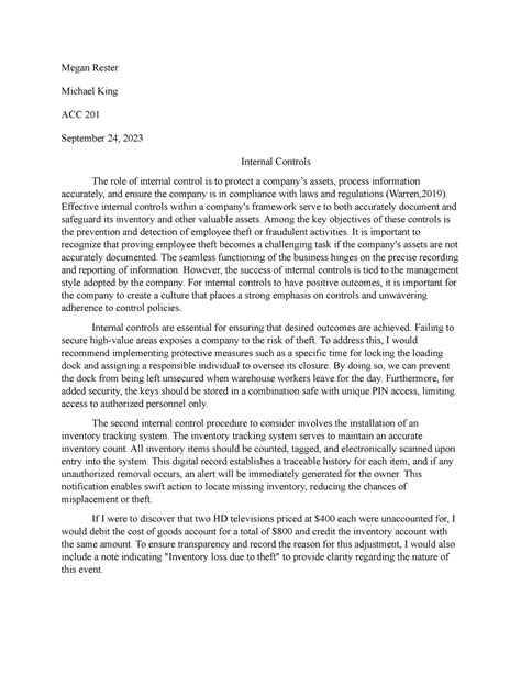 41 Assignment Internal Controls Megan Rester Michael King Acc 201 September 24 2023