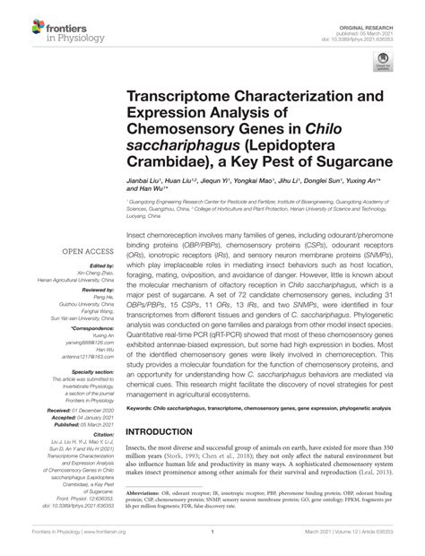 PDF Transcriptome Characterization And Expression Analysis Of Chemosensory Genes In Chilo
