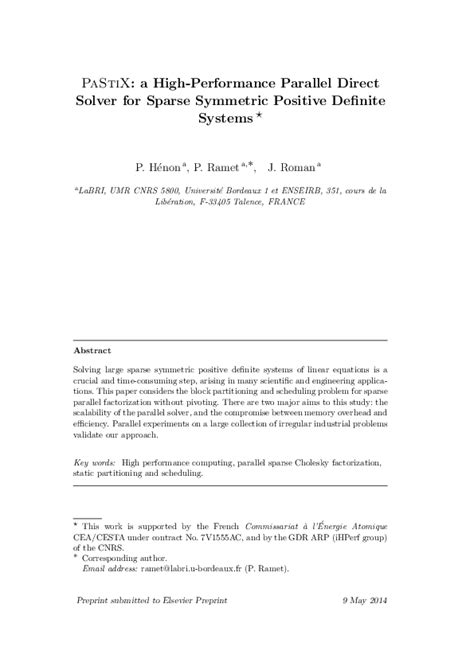 pdf pastix a high performance parallel direct solver for sparse