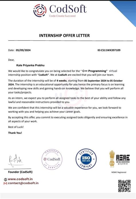 Priyanka Kale On Linkedin Codsoft Internshipgratitude C Internship