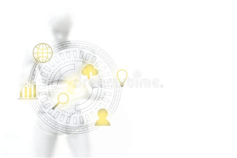blurred white robot cyborg man with hand touching on motion hi tech circle interface hud stock
