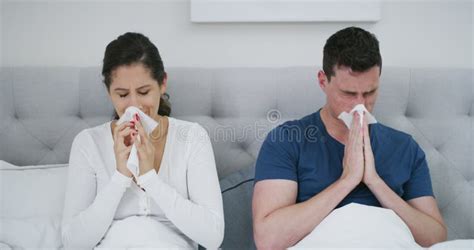Sick Couple And Sneeze In Bedroom Allergies Or Cold Virus Together In