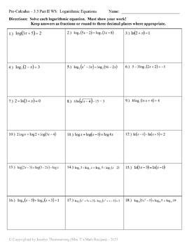 Pre Calculus H Section HW WS Exponential Logarithmic Equations