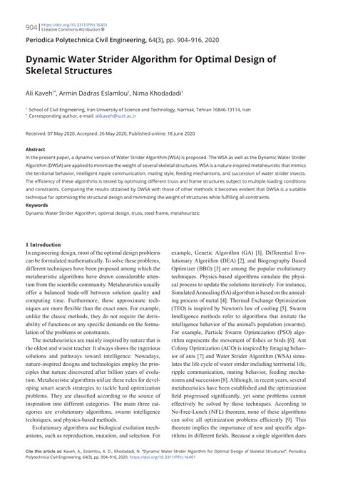 pdf dynamic water strider algorithm for optimal design of skeletal