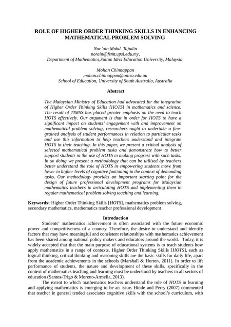 Pdf Role Of Higher Order Thinking Skills In Enhancing Mathematical Problem Solving