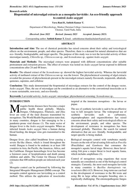 Pdf Biopotential Of Microalgal Extracts As A Mosquito Larvicide An Eco Friendly Approach To