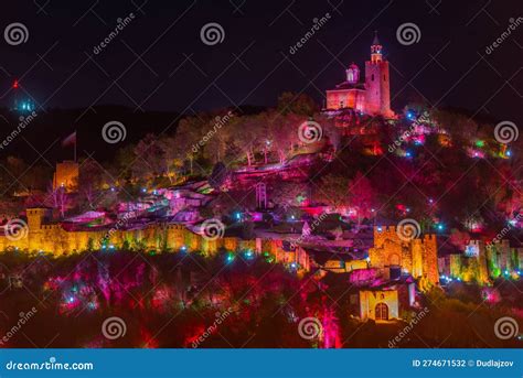 Night View Of Illuminated Tsarevets Fortress In Veliko Tarnovo Stock