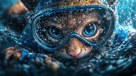 Whimsical Cat Diving Into Adventure Creative Exploration Underwater