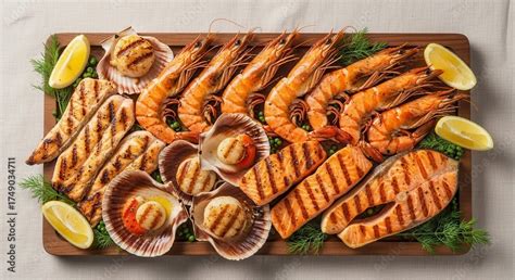 Vibrant Grilled Seafood Platter With Large Shrimp Salmon Fillets And