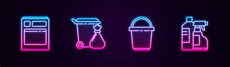 세트 라인 주방 식기 세척기 기계 쓰레기통 및 쓰레기 봉투 양동이 및 청소제용 병 빛나는 네온 아이콘 벡터 가사 집안일에 대한 스톡 벡터 아트 및 기타 이미지 Istock