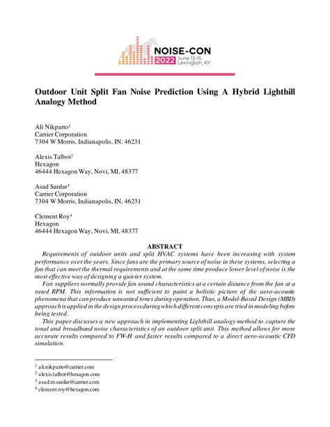 Pdf Outdoor Unit Split Fan Noise Prediction Using A Hybrid Lighthill Analogy Method