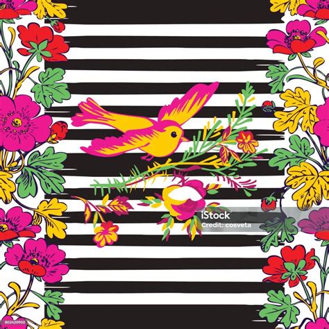 원활한 이국적인 조류와 식물 비행 테두리 프레임 열 대 꽃 인쇄 줄무늬 패턴 형상 복고풍 배경 벡터 디자인 패션 셔츠 직물 인사말 카드 초대장 웨딩 0명에 대한 스톡 벡터