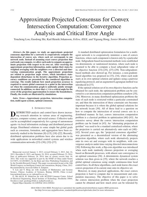 PDF Approximate Projected Consensus For Convex Intersection Computation Convergence Analysis