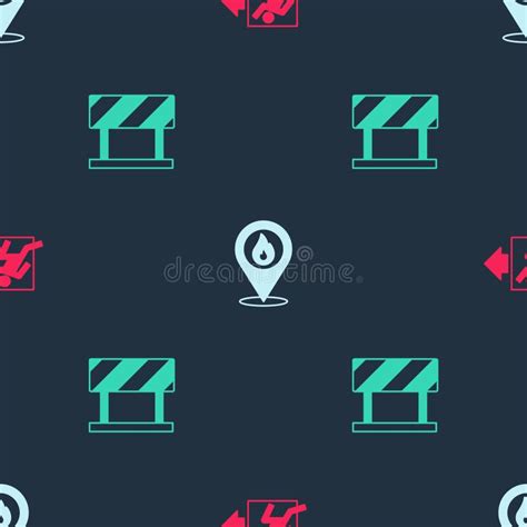 Set Fire Exit Location With Fire Flame And Road Barrier On Seamless Pattern Vector Stock