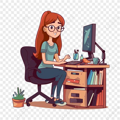책상에 앉아 안경을 쓴 만화 소녀 컴퓨터 벡터 삽화 작업테이블의자 Png 일러스트 무료 다운로드 Lovepik