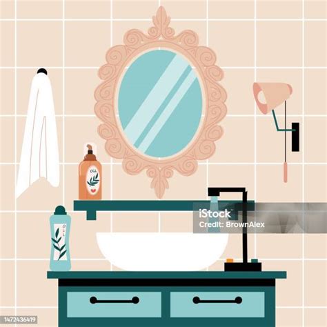 거울이 있는 욕실 인테리어 세면대 수건 벽 램프 만화 화장실 미니멀리즘 스타일의 위생 개념이 있는 현대적인 가정용 욕조 벡터 그림 가구에 대한 스톡 벡터 아트 및 기타