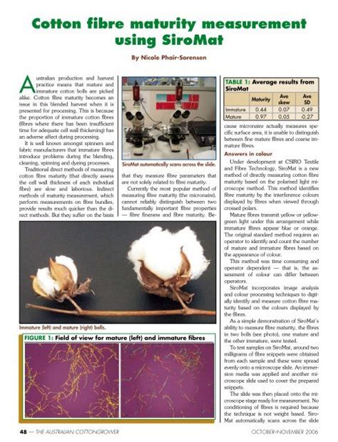Cotton Fibre Maturity Measurement Using SiroMat Greenmount Press