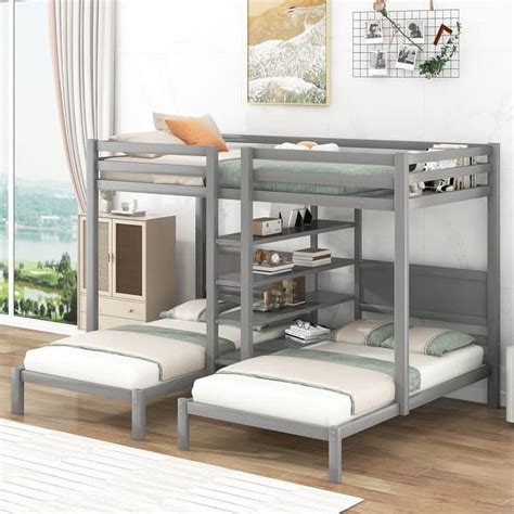 Twin Xl Over Twinandtwin Bunk Bed With Built In Four Shelves And Ladder