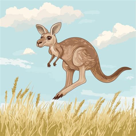 Graceful Kangaroo Bouncing Through Lush Grass Vector Illustration